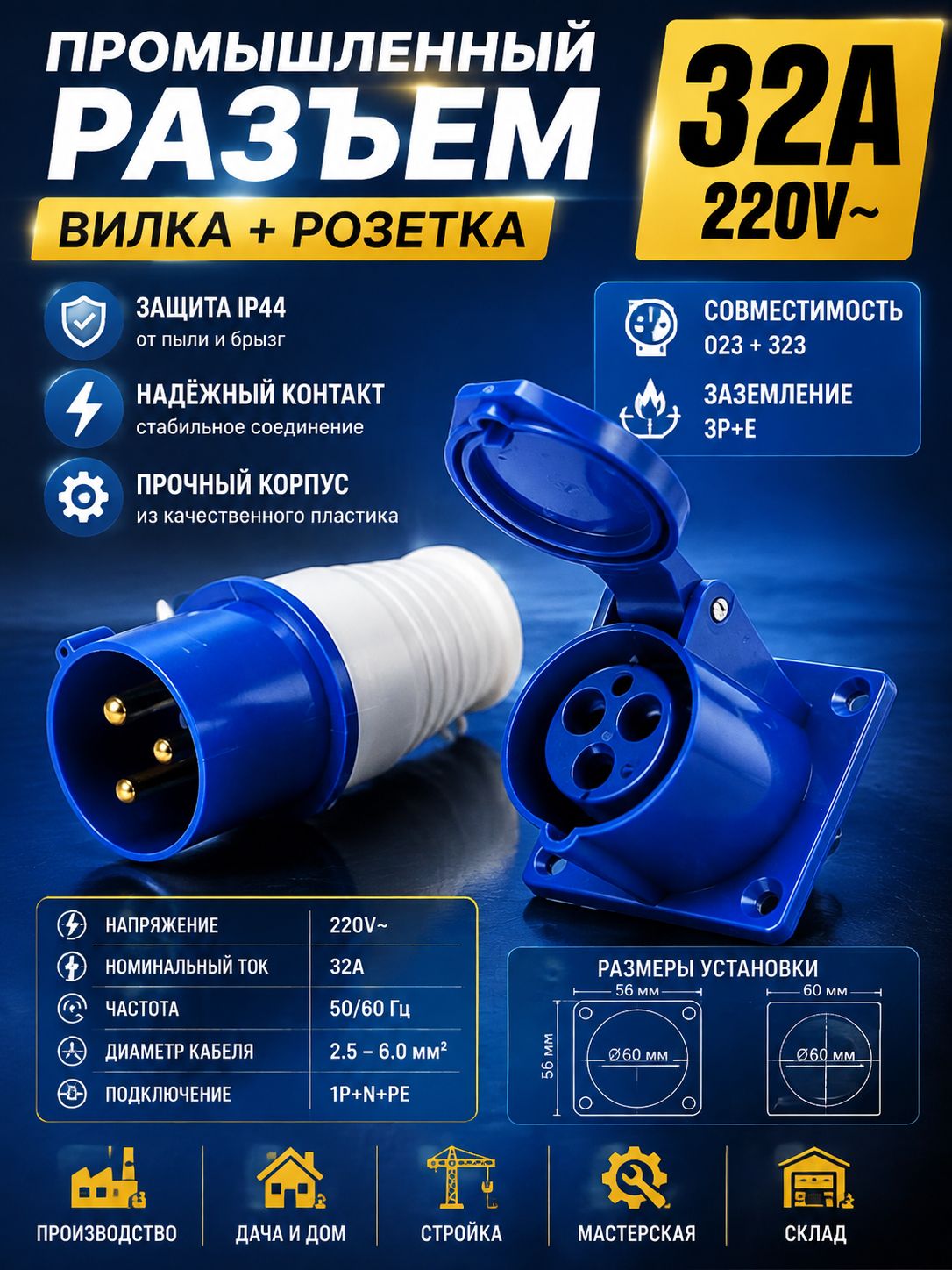 Розетка с вилкой для бензогенератора, электростанции 32А / 220-250B (усиленная)