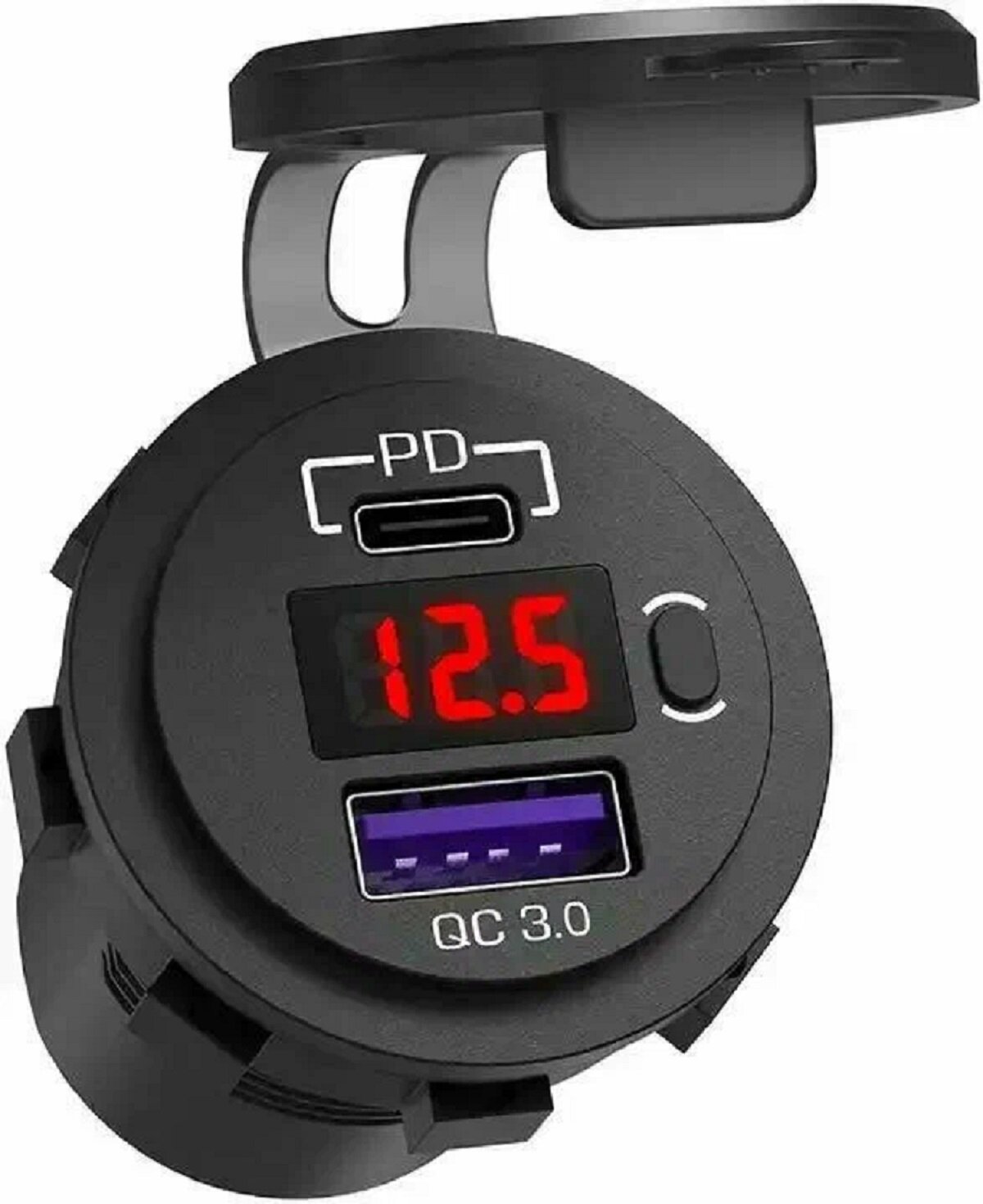 Розетка USB QC 3.0, PD с вольтметром и выключателем, защита от замыкания, черный