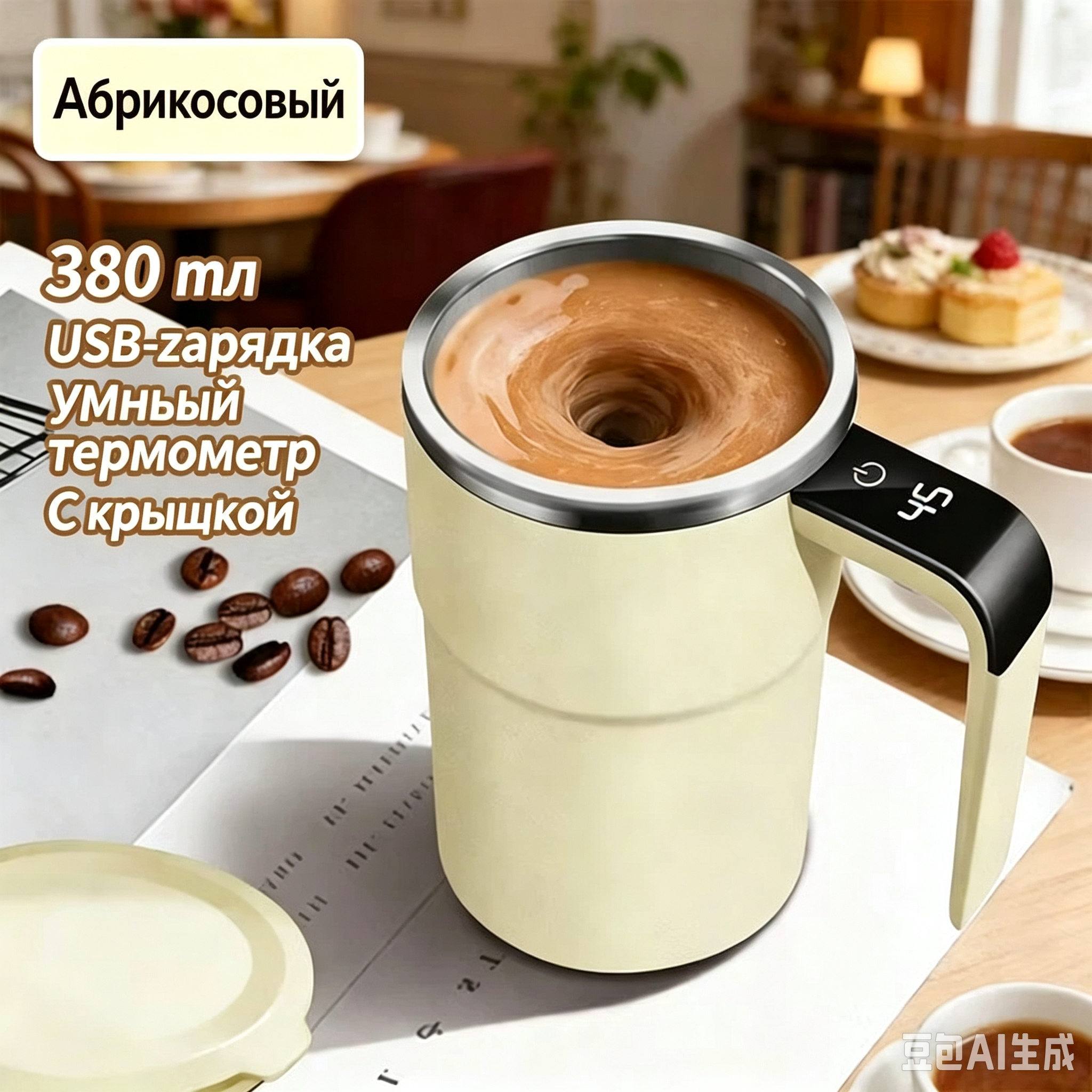 Кружка мешалка магнитная, Термокружка с крышкой и автоматической размешивающей мешалкой, стакан для горячих напитков, с индикатором температуры, водонепроницаемый, подарок маме жене, 380 мл
