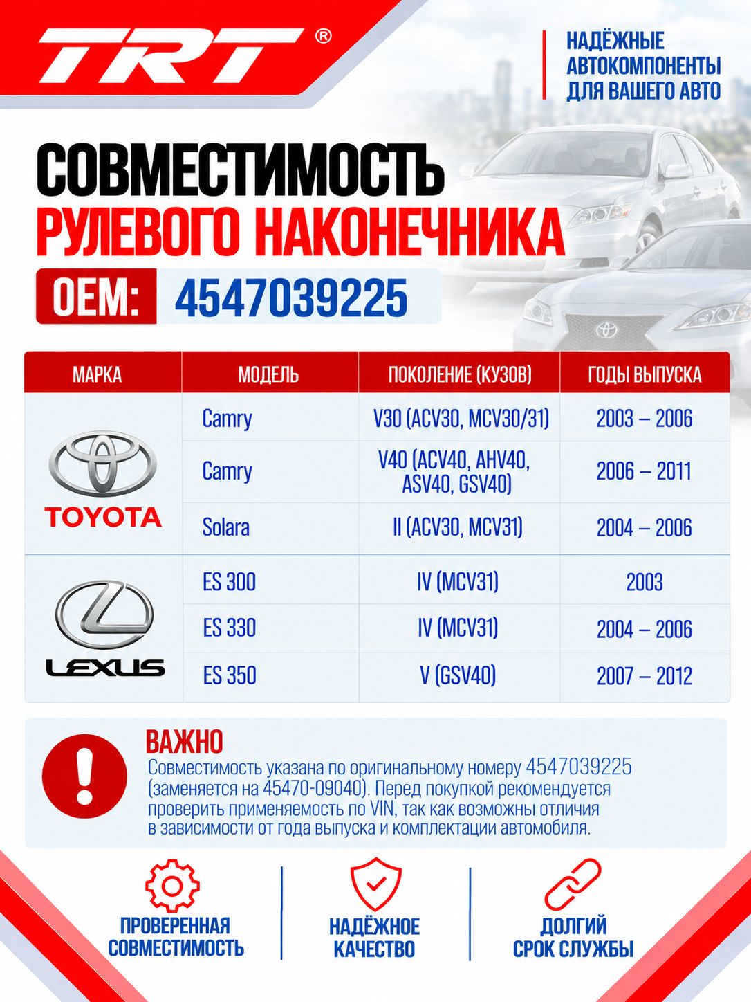 Рулевой наконечник левый 45470-39225 Toyota Camry Тойота Камри 30 40, Solara Солара, передний наружный — фото 1
