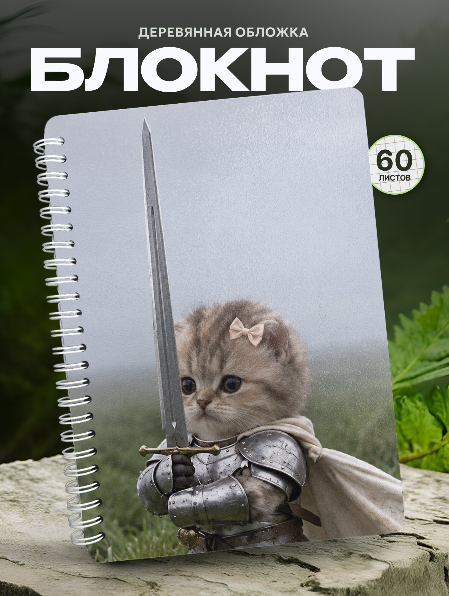 Блокнот Wood-book "котик рыцарь", A5, твердая обложка, лхдф