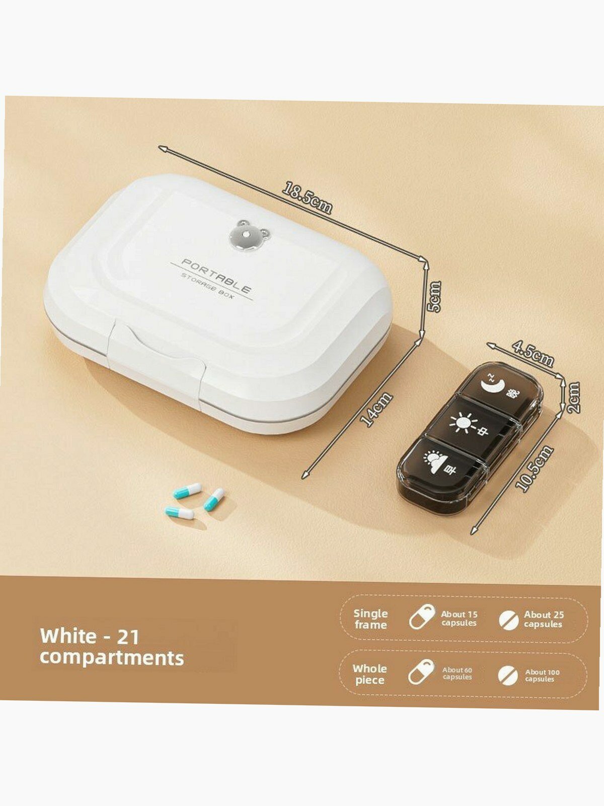 Pp material 7day pill storage box with lockable cover for travel and home health, white