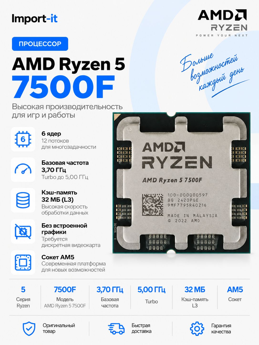 Amd Процессор CPU Ryzen 5 7500F OEM 100-000000597 Base 3,70GHz, Turbo 5,00GHz, without graphics, L3 32Mb, TDP 65W, AM5