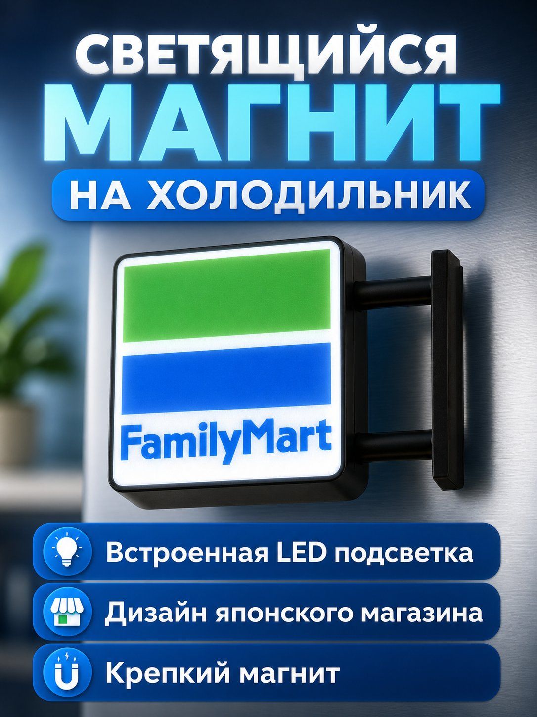 Светящийся магнит на холодильник в виде квадратной неоновой вывески: FamilyMart, АБС-пластик