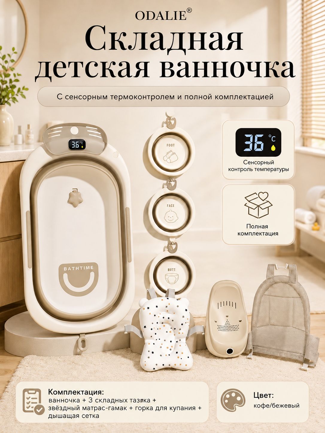 Складная детская ванночка с термоконтролем и увеличенным объёмом
