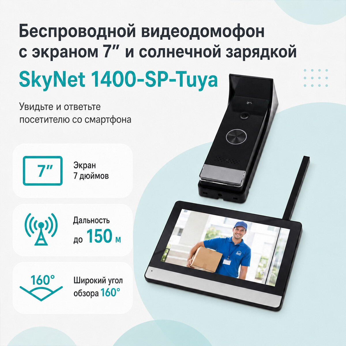 Беспроводной Wi-Fi видеодомофон SkyNet Tuya SP-1400-(RU) (A10383EB) с уличной вызывной панелью. ИК подсветка до 3м, запись по движению на СД карту,