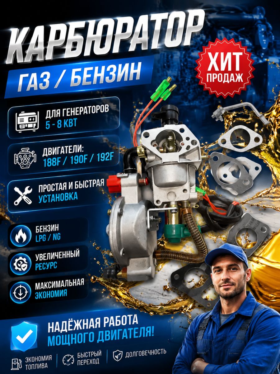 Двухтопливный карбюратор газ-бензин для генератора (универсальный для двигателей 188F, 190F, 192F), газовый редуктор 5-8 кВт