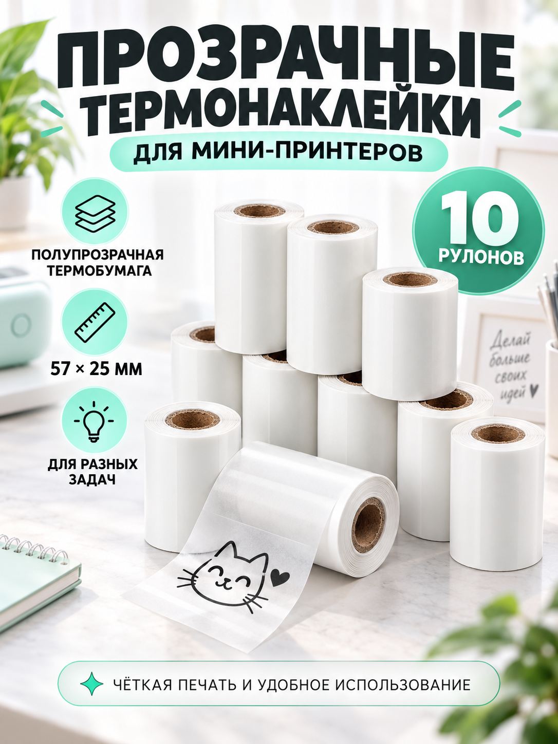 Прозрачные термонаклейки 57×25 мм, набор из 10 рулонов полупрозрачной бумаги, расходный материал для мини‑принтера дома и офиса