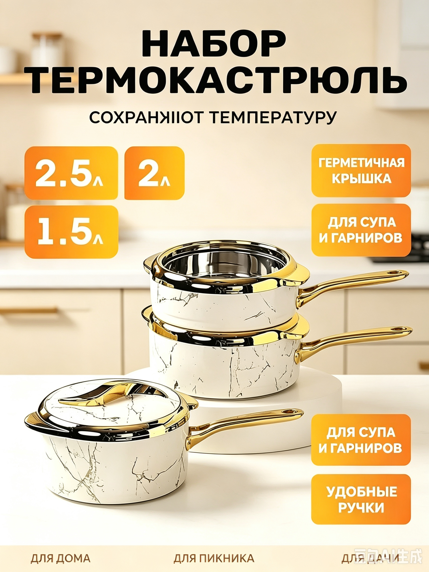 Кастрюля 27 см 1,5 л, 2 л, 2,5 л с крышкой 3 шт нержавеющая сталь