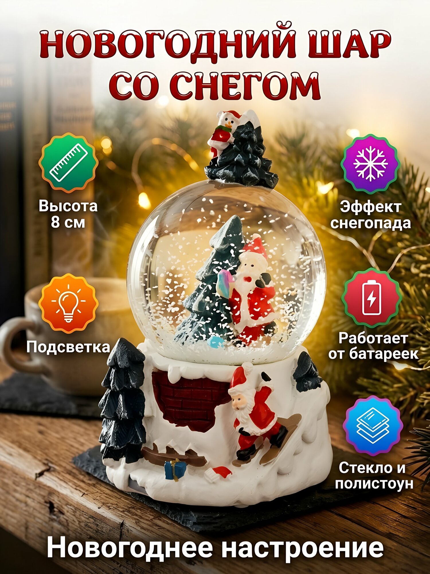 Фигурка декоративная Новогоднее настроение шар со снегом 5х5х8 см с подсветкой Y4-13273
