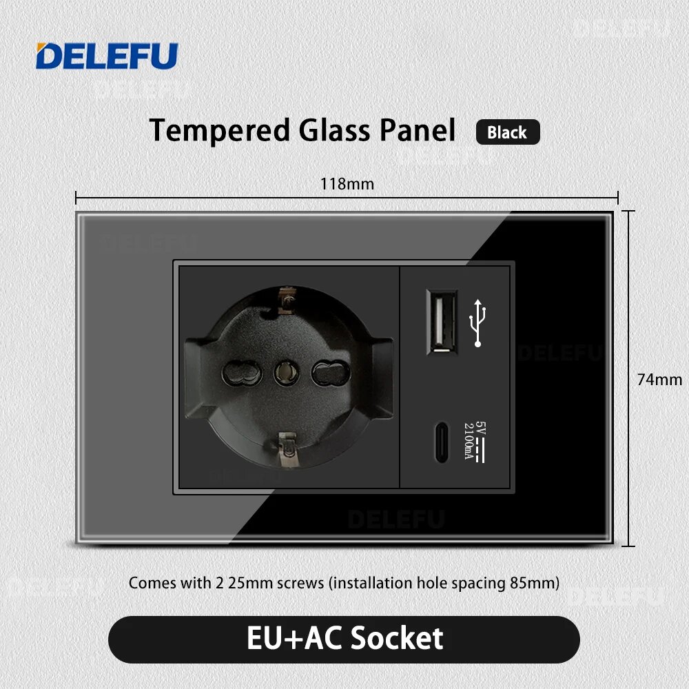 DELEFU черная настенная розетка с USB Type-C Schuko AC Socket