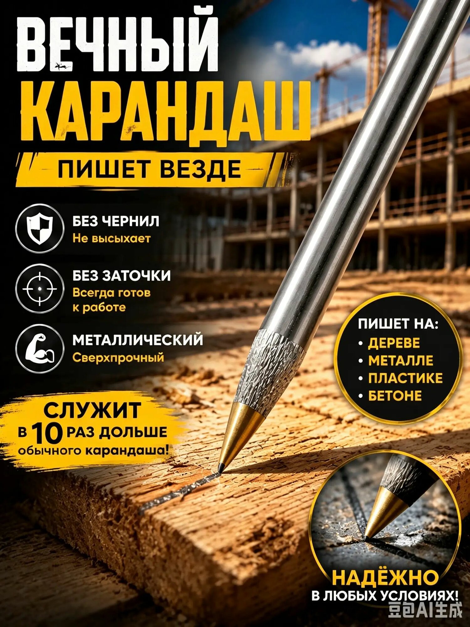 Вечный карандаш строительный, ручка с наконечником из сплава, не требует заточки, для рисования и строительства, пишет по дереву и металлу