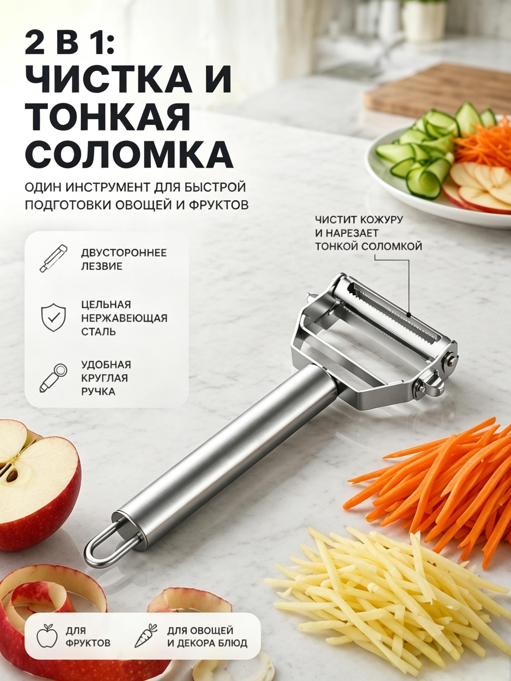 Овощечистка горизонтальная, 1 шт. - из нержавеющей стали, с удобной ручкой, для картофеля, овощей, фруктов и кухни, нож