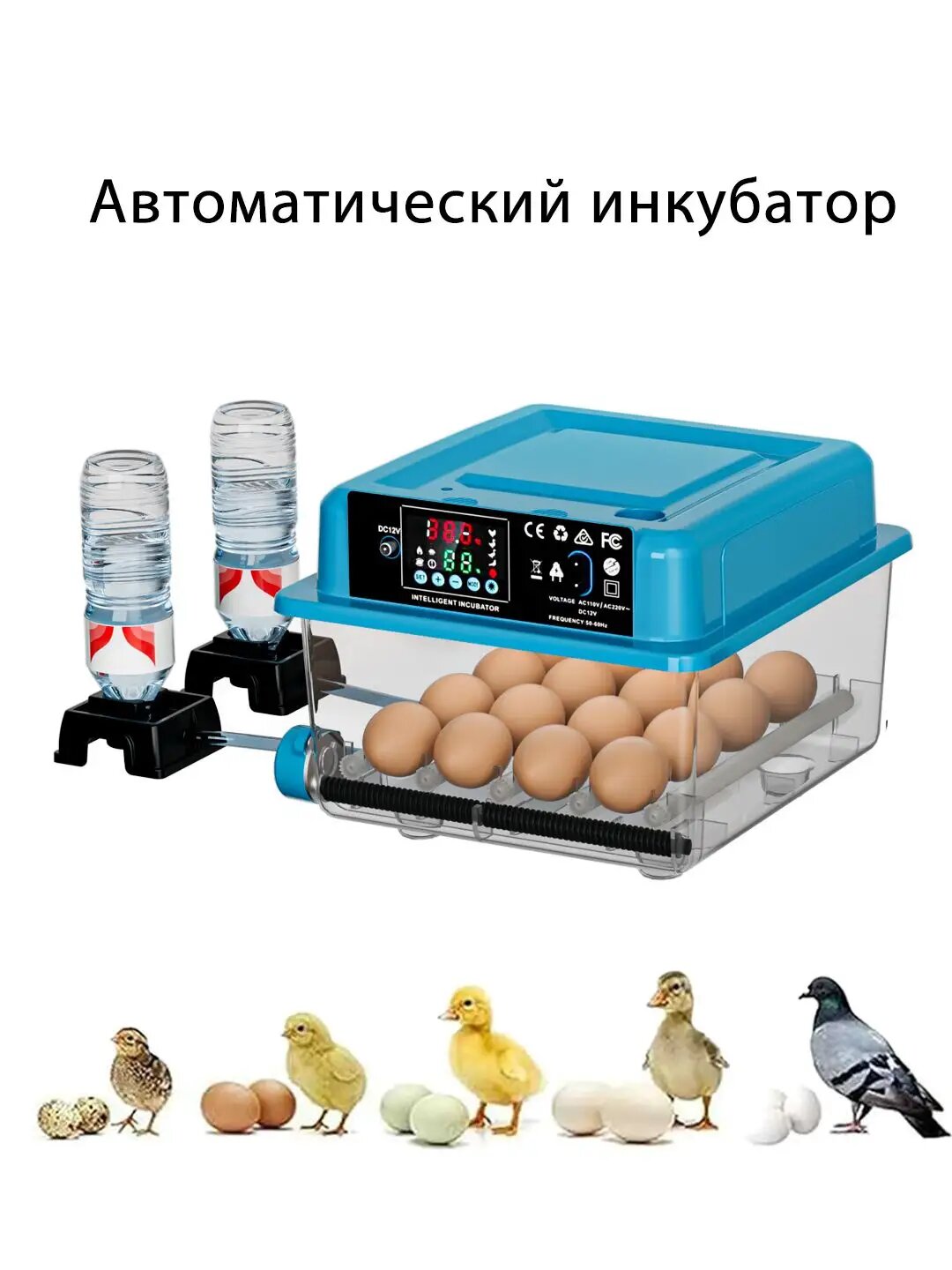 Инкубатор для яиц автоматический 220/12v, двойным дисплеем температуры и влажности, интуитивно понятный интерфейс, бирюзовый, 220 В один источник питания
