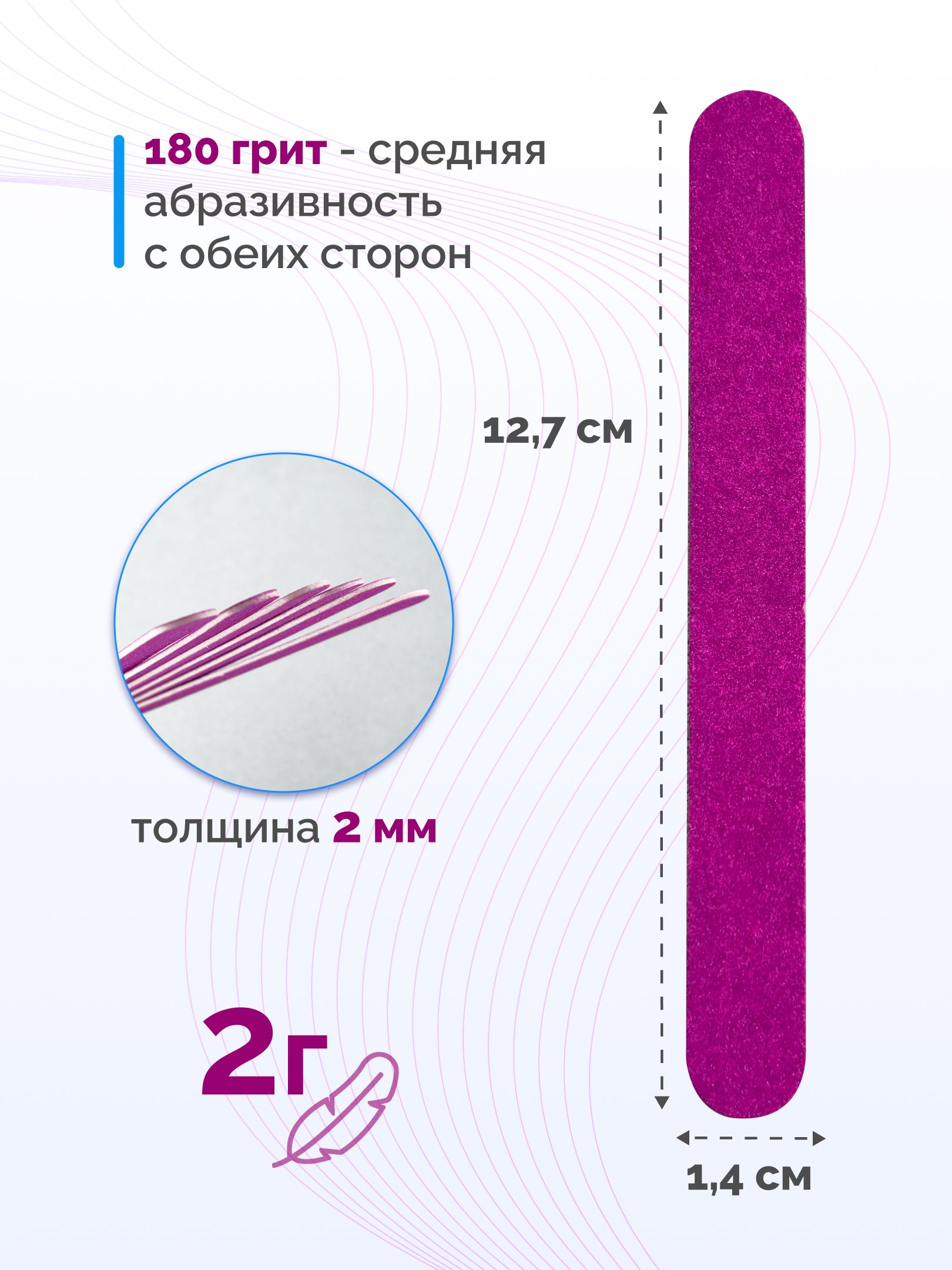 Пилки для маникюра 180/180, для ногтей тонкие на деревянной основе 127 x 15мм, фуксия 10 шт