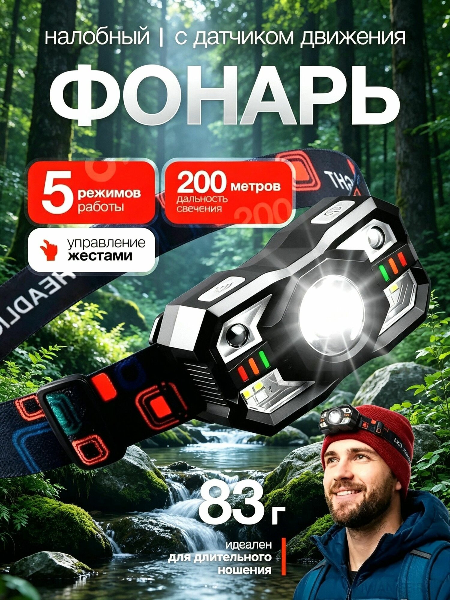 Налобный фонарь аккумуляторный светодиодный 83г, датчик движения, 5 режимов, 200 Лм, TypeC, IPX6, для ремонта, рыбалки и бега