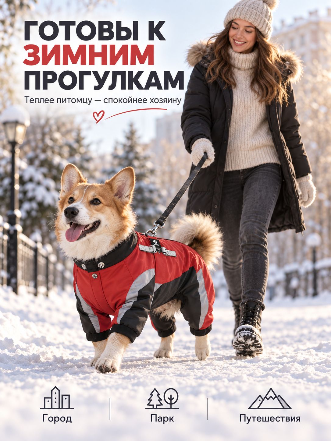 Зимний комбинезон для собак, 4 лапы, утеплённый, со светоотражающими элементами и креплением для поводка для прогулок осенью и зимой