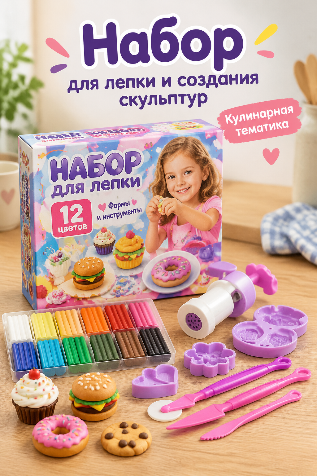 Набор для лепки и создания скульптур: 12 цветов, формы и инструменты, кулинарная тематика