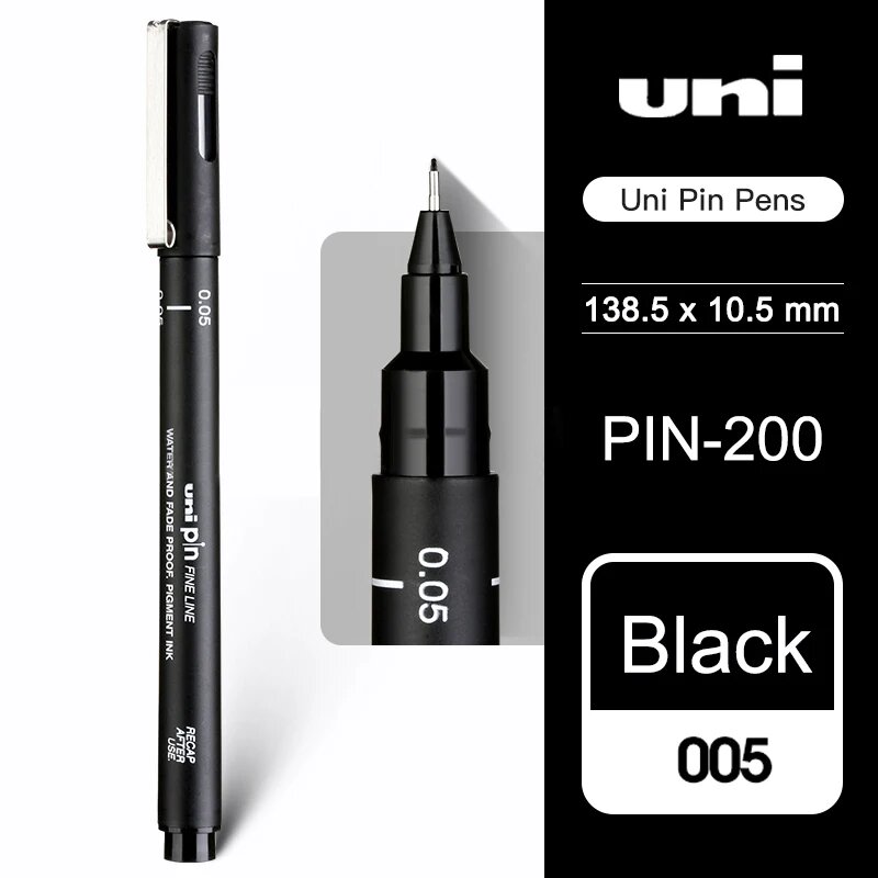 Маркер перманентный Uni Pin PIN-200, черный, 0.05 мм
