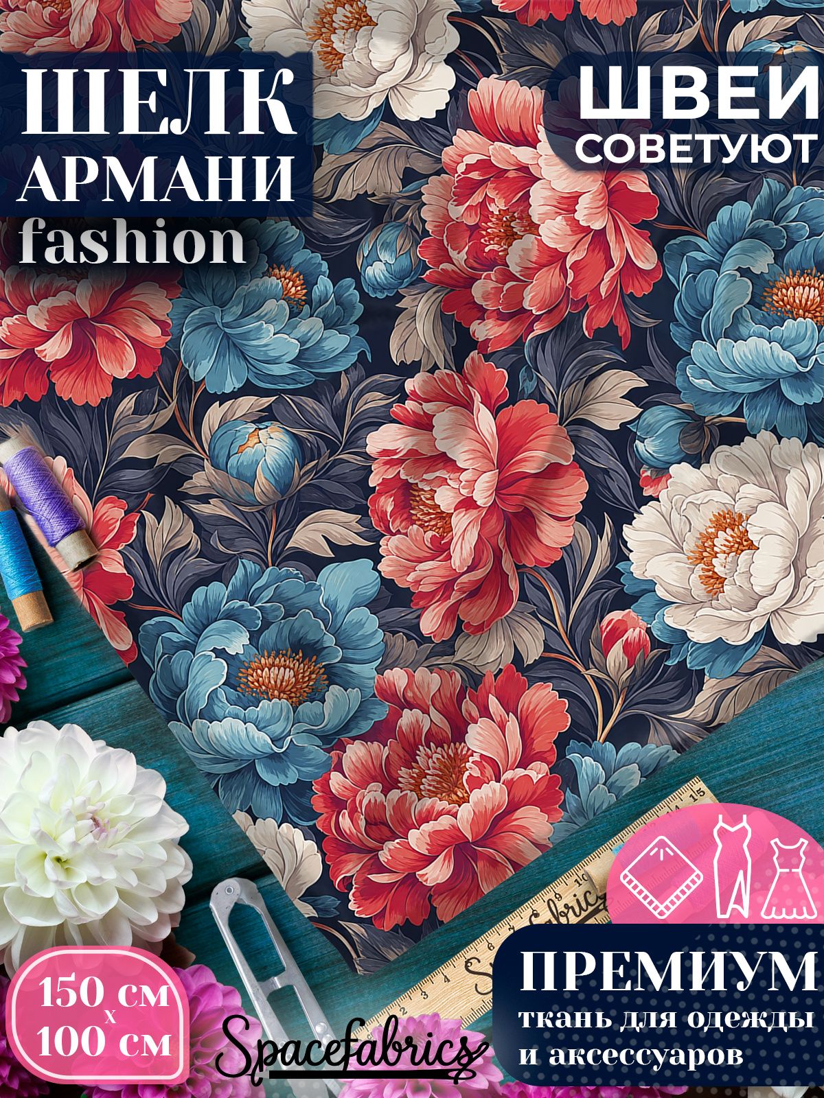 Ткань для шитья шелк Армани, искусственный атлас шелк для костюмов, платьев, юбок с принтом Пионы