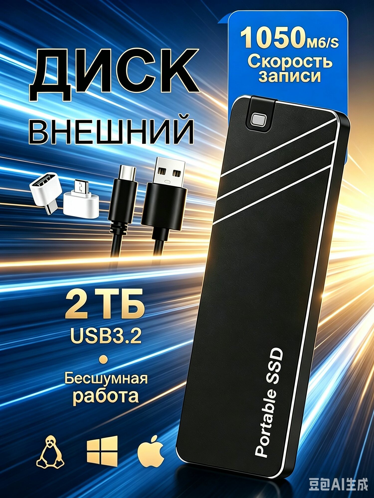 DiskGo 2 ТБ Внешний жесткий диск, Пластик, Металл, светло-синий, светло-желтый