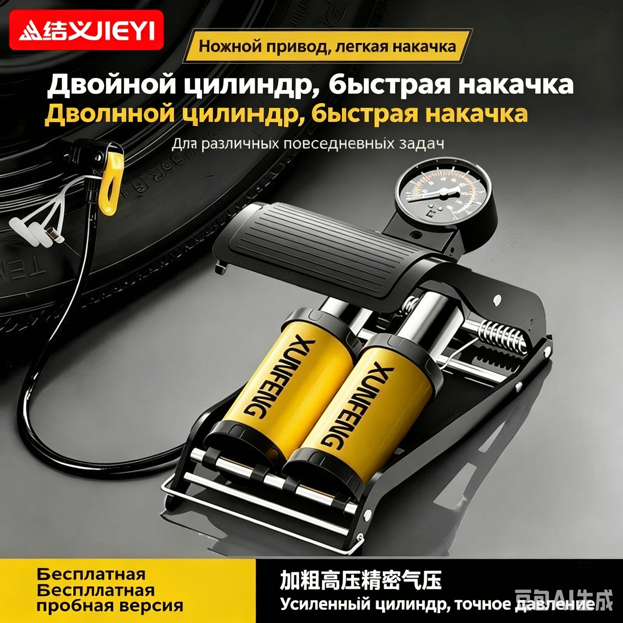 Ножной насос с двумя цилиндрами, манометр, универсальные насадки, сплав рама, складной