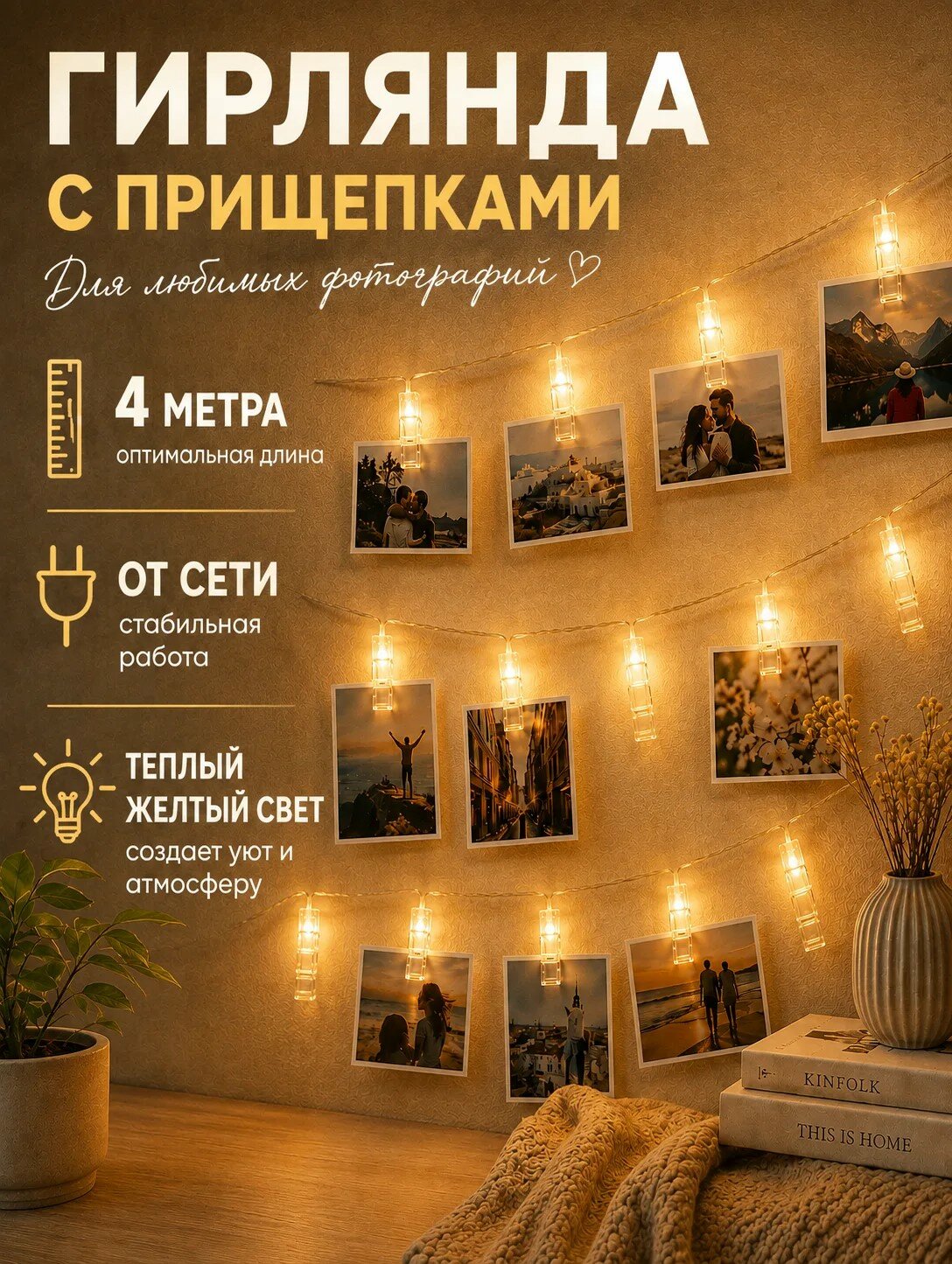 Гирлянда с прищепками для фото, 20 ламп 4 метра, желтая