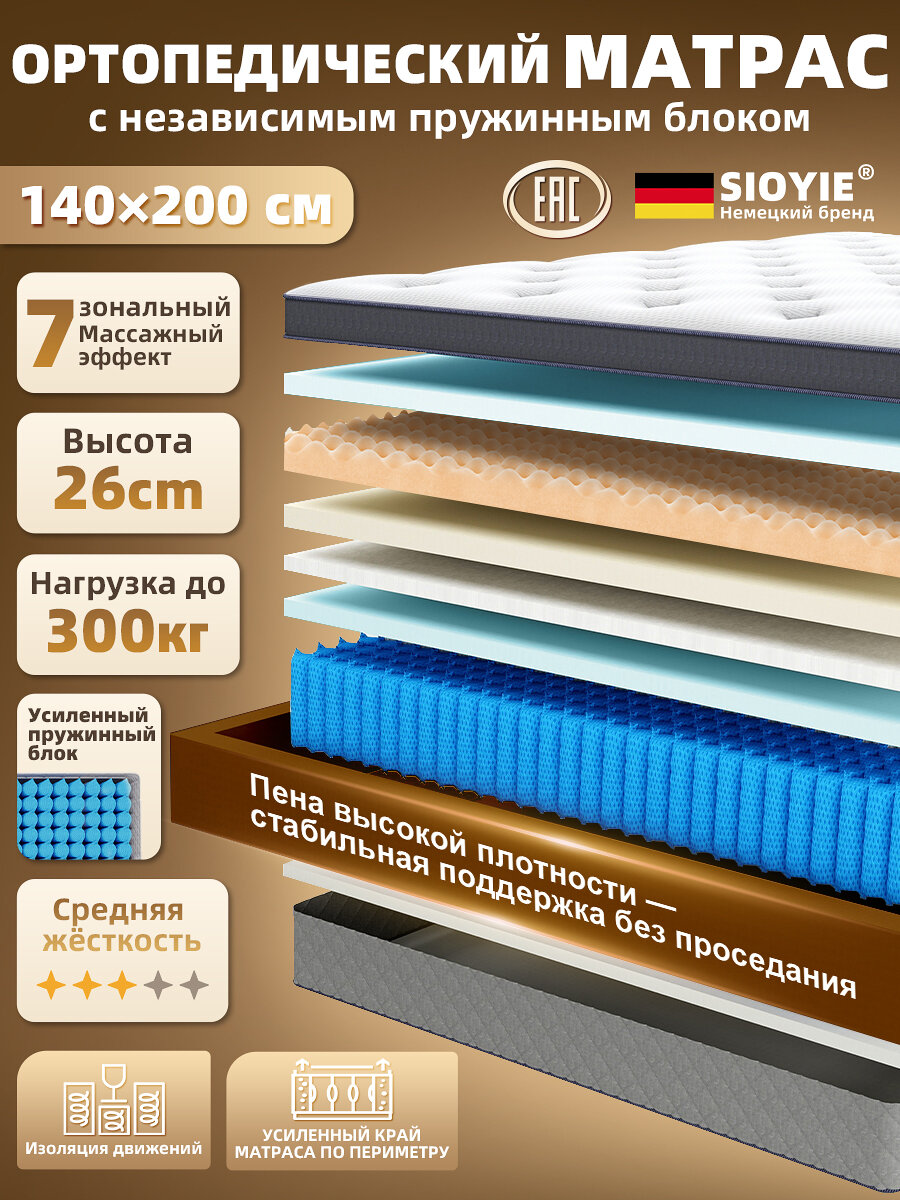 Матрас SIOYIE 140х200 см, пружинный ортопедический, с независимыми пружинами