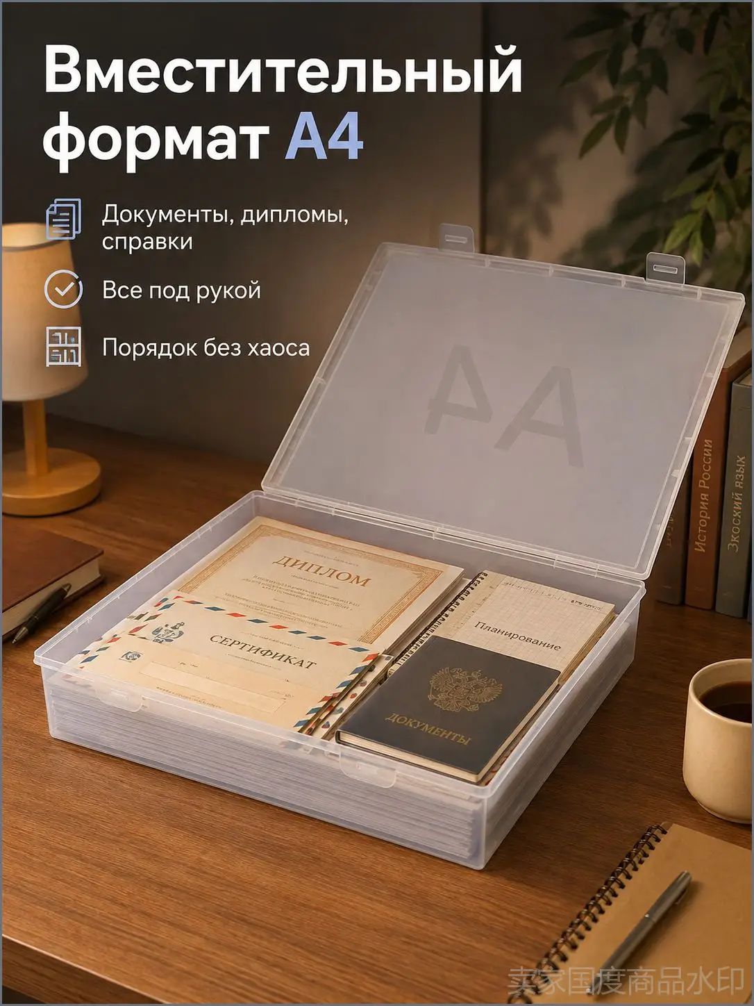Органайзер для документов A4 с крышкой, прозрачный пластиковый короб 31*22*5 см для бумаг, сертификатов и семейных документов