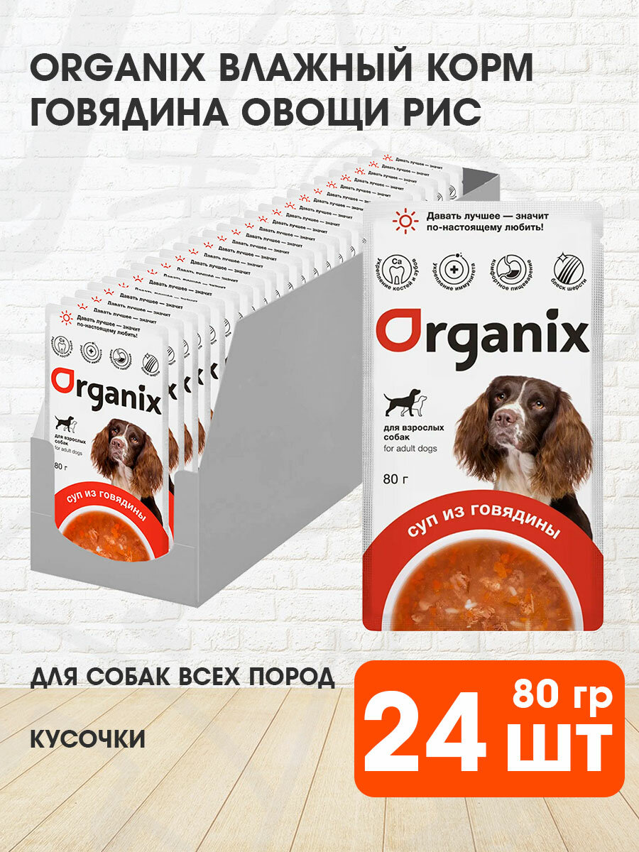 Корм влажный Organix для взрослых собак суп, говядина, овощи и рис, 80 г 24 шт