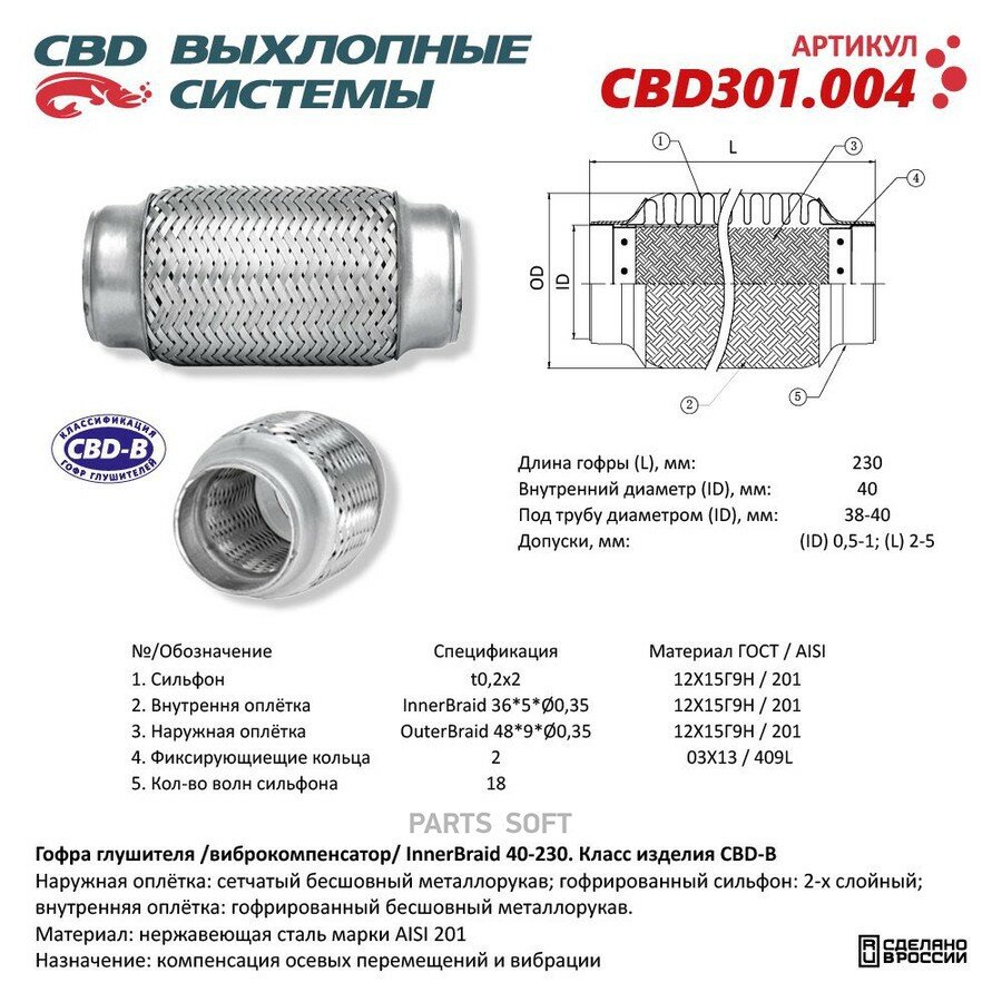 Гофра глушителя 40 x 230 3х-слойная Innerbraid CBD301004 CBD CBD301004 | цена за 1 шт