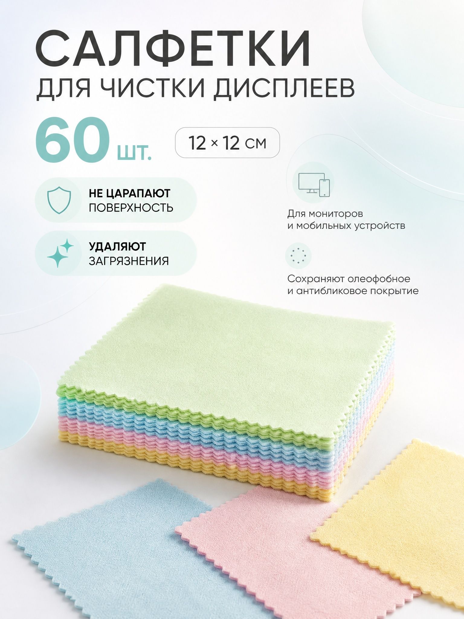 Салфетки для чистки дисплеев цветные (12*12 см, микрофибра, 60 шт.)