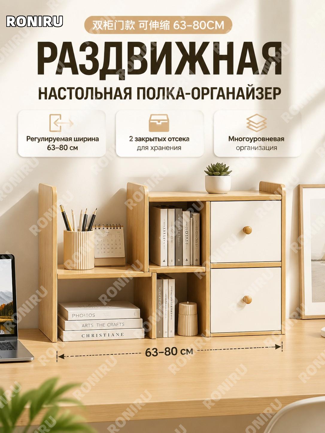 Настольный стеллаж с дверцами 63–80 см выдвижной двухдверный цвет жёлтого дерева для стола и хранения для дома