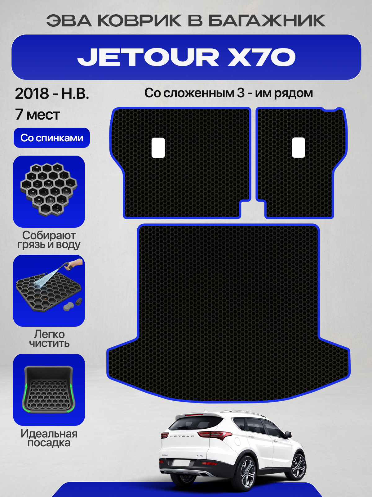 Эва коврик в багажник и на спинки сидений для JETOUR X70 2018-н. в. 7 мест, Со сложенным 3-им рядом, черный с синим кантом ( Джетур Х70 , Жетур Х 70 , Джетур Икс 70 ) Eva, Ева