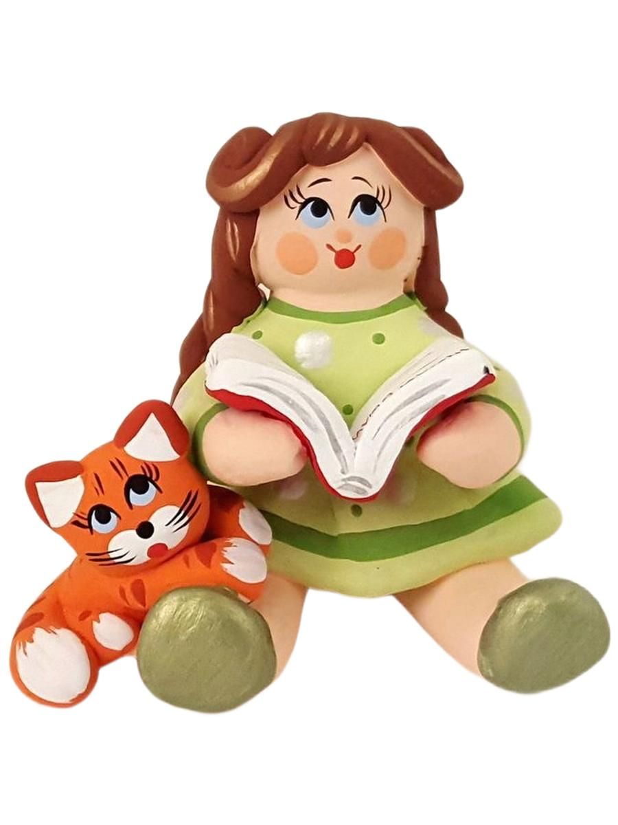 Девочка с книгой и котенком - 2, Ковровская глиняная игрушка, ручная авторская работа