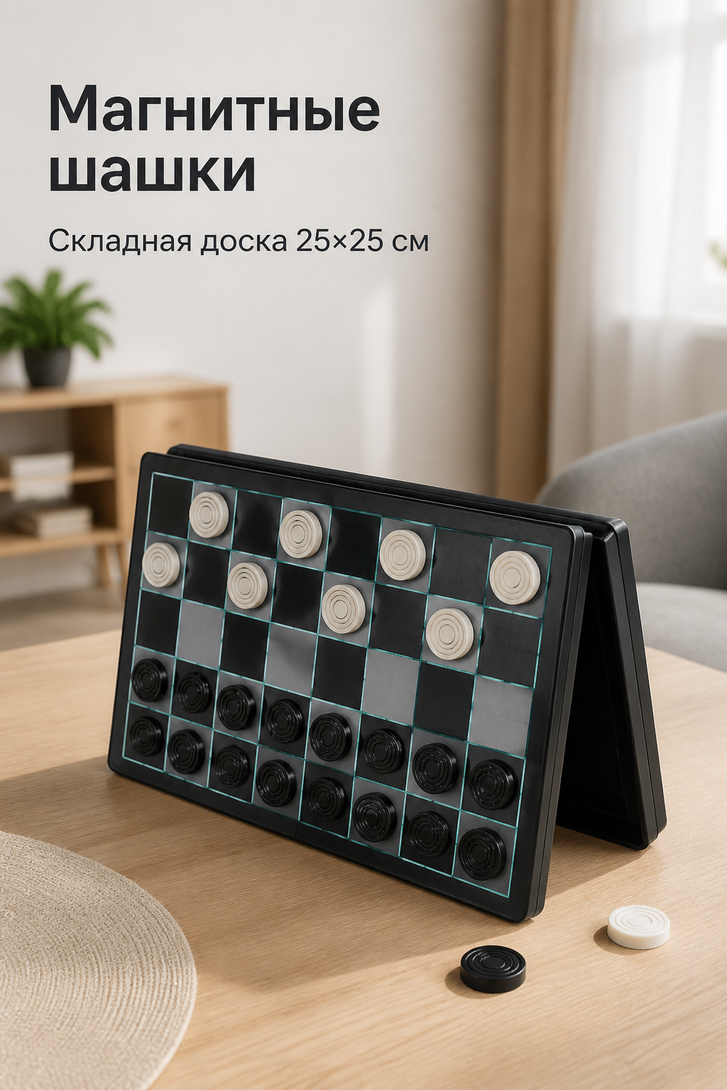 Магнитные шашки с раскладной доской 25×25 см для игры вдвоём