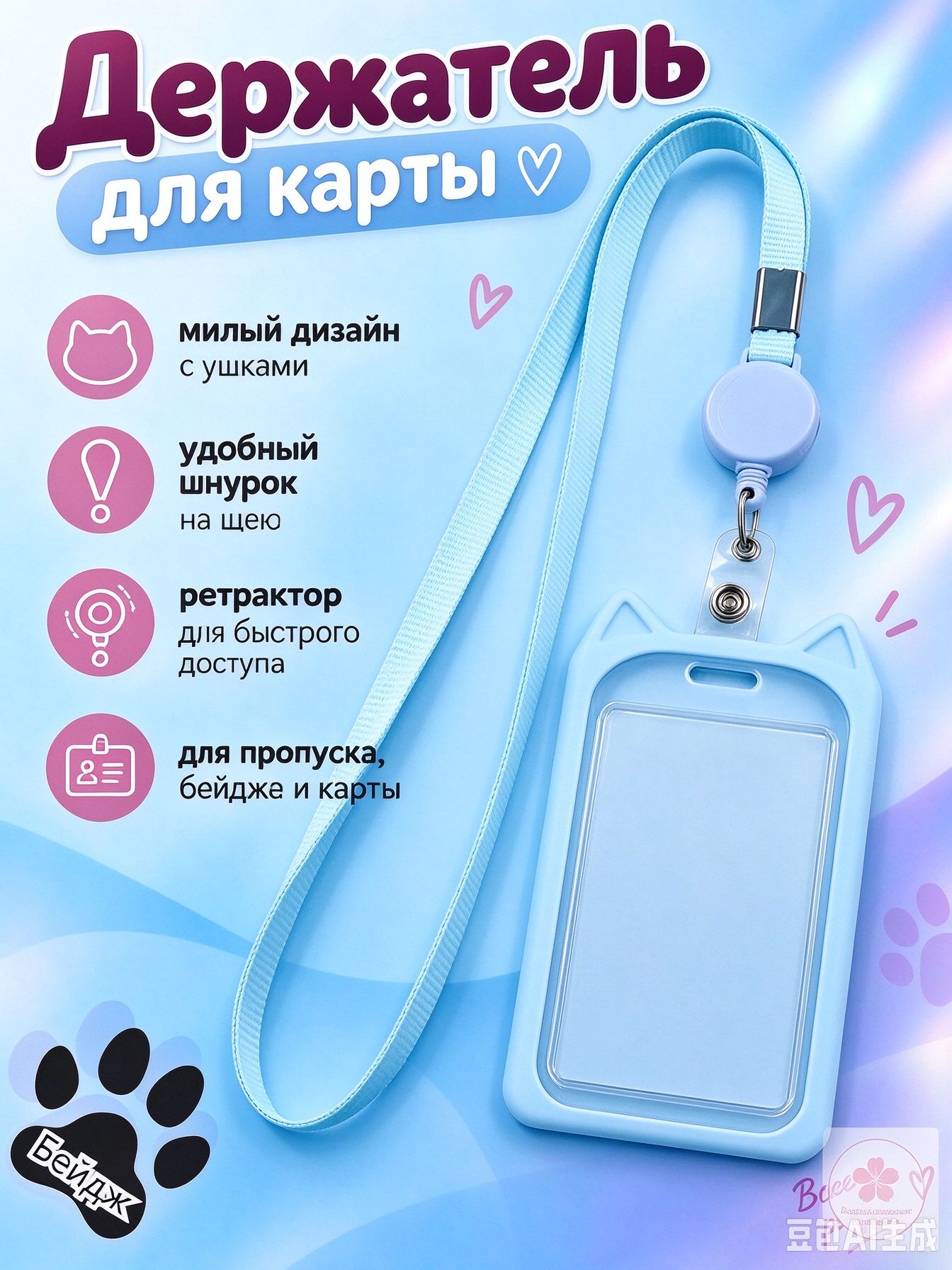 Бейдж с ушками Котик в силиконовой оправе, для пропуска, чехол для карты, с рулеткой на ленте, для аниме-карточки, для школьной карты. Детский. Голубой.