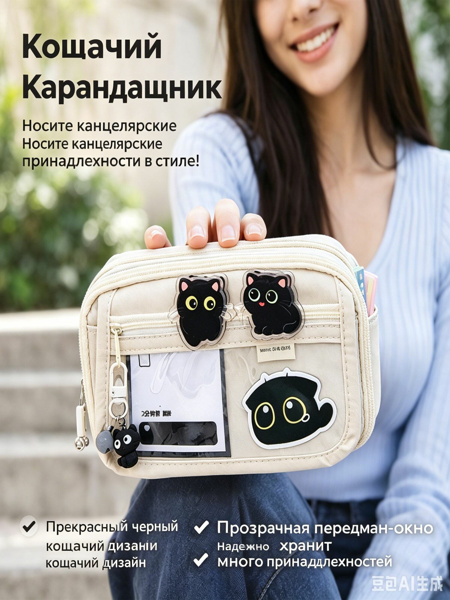Прозрачный пенал с чёрным котом, стильный школьный