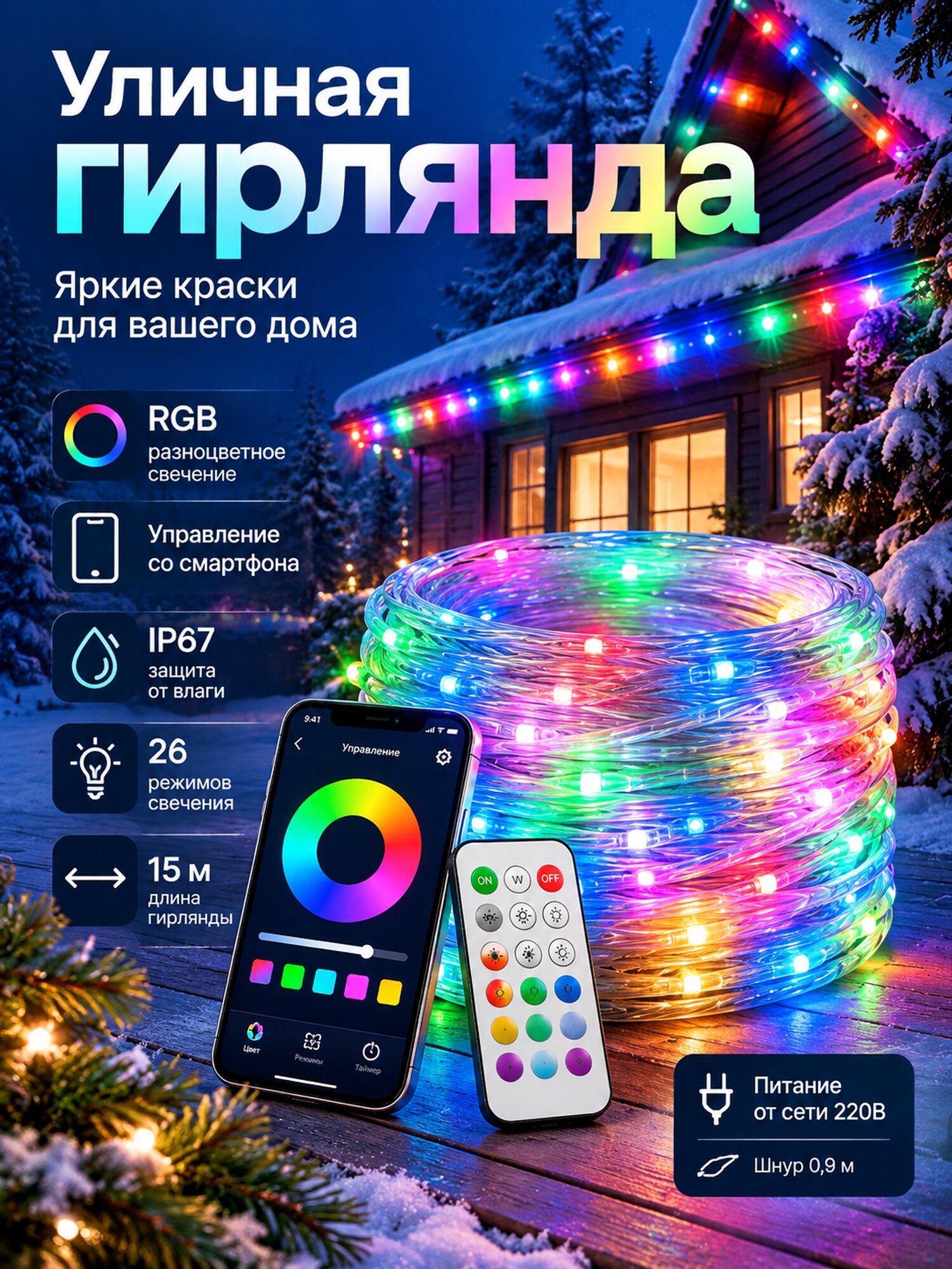 Уличная светодиодная гирлянда-нить RGB 15 м с управлением со смартфона, IP67