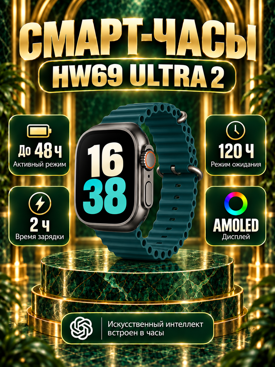 Cмарт часы HW69 ULTRA 2 PREMIUM Series Smart Watch AMOLED, iOS, Android, ChatGPT, Bluetooth звонки, Темно-бирюзовый