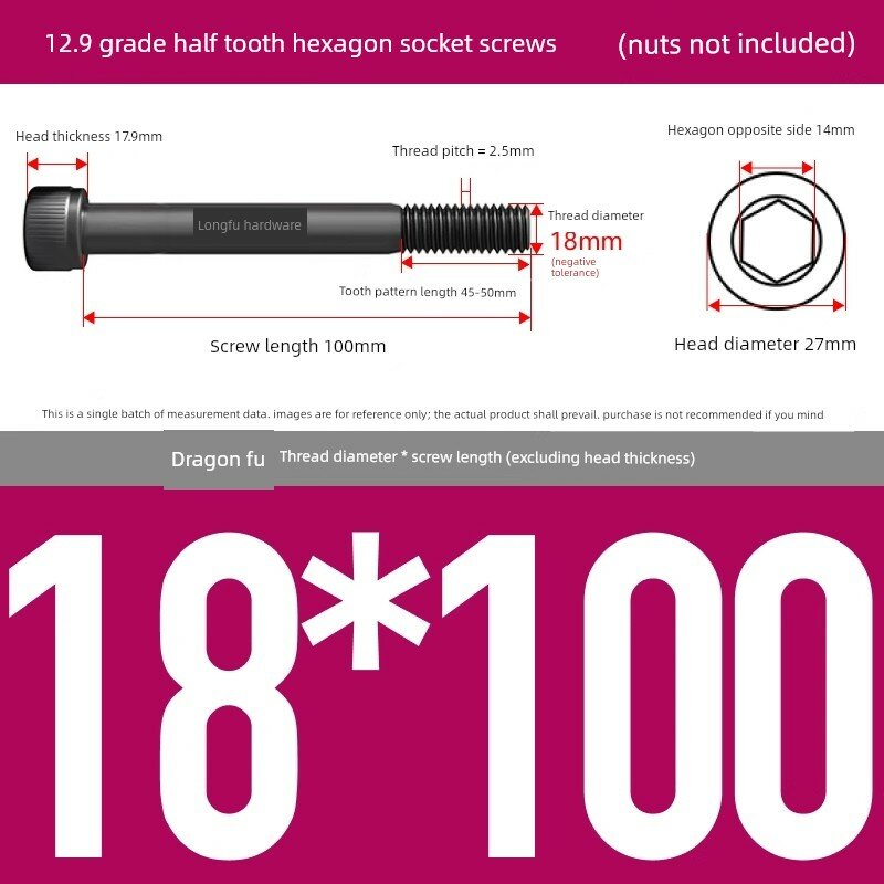 Спиральный винт DIN912 класса 12.9 с шестигранной головкой, М18x100мм частичная резьба, 20 шт. Высокопрочный болт