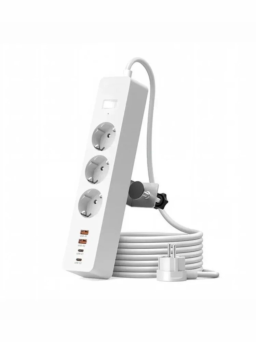 Настольный удлинитель NTONPOWER с креплением на стол: 3 розетки Schuko, 4 USB, USB-C PD 20 Вт, белый