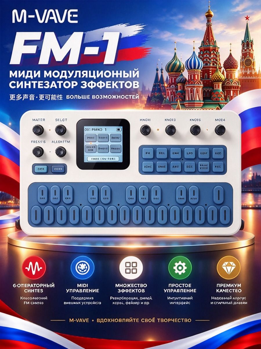 M-VAVE FM-1 Клавиатура MIDI-синтеза: Блок Эффектов 6, Алгоритм Управления 32, Источник Звука Mini FM, Встроенный Динамик