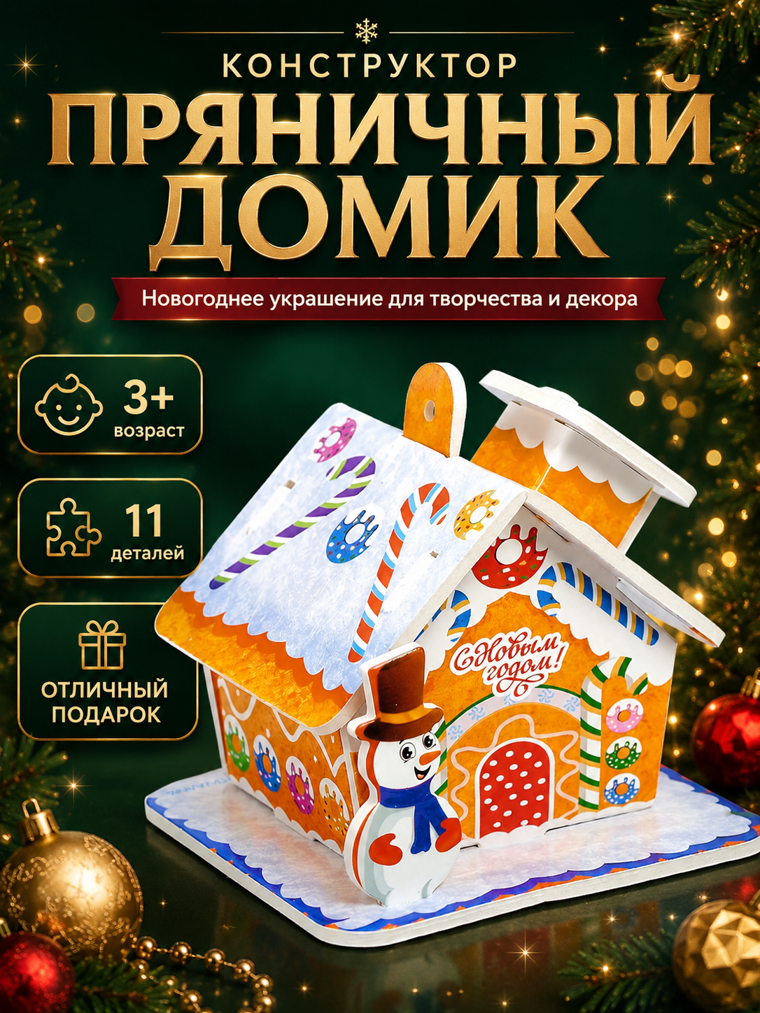 3D Конструктор-подвеска UNICON "Пряничный домик", украшения на елку