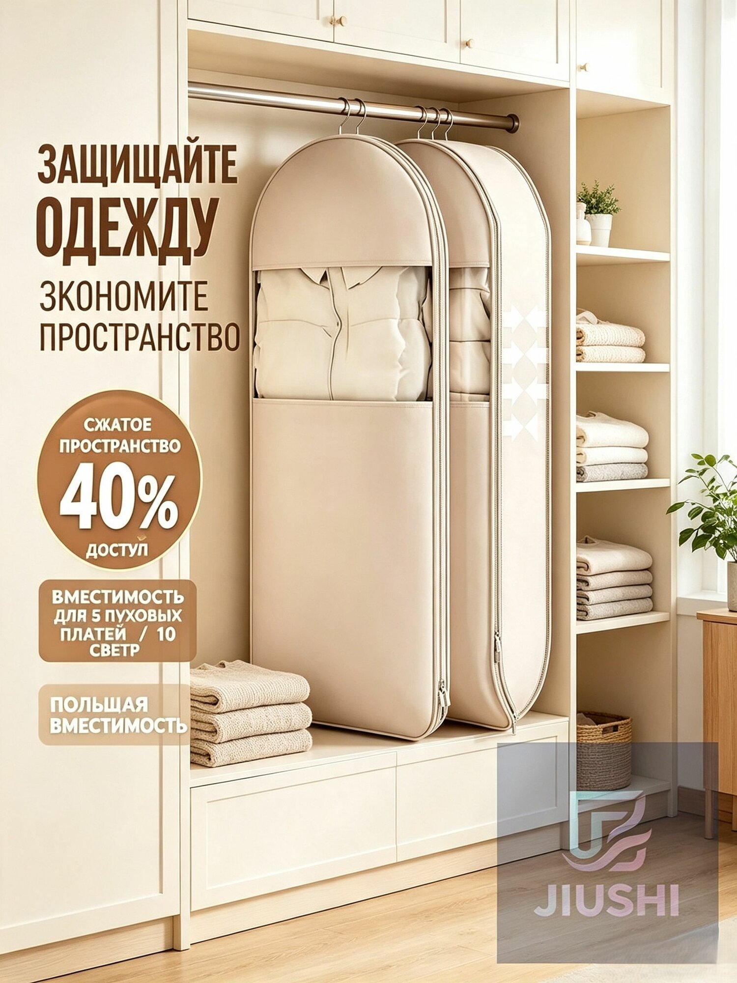 Вешалочный вакуумный чехол для пуховиков, защитный чехол для одежды бежевый, 1 шт