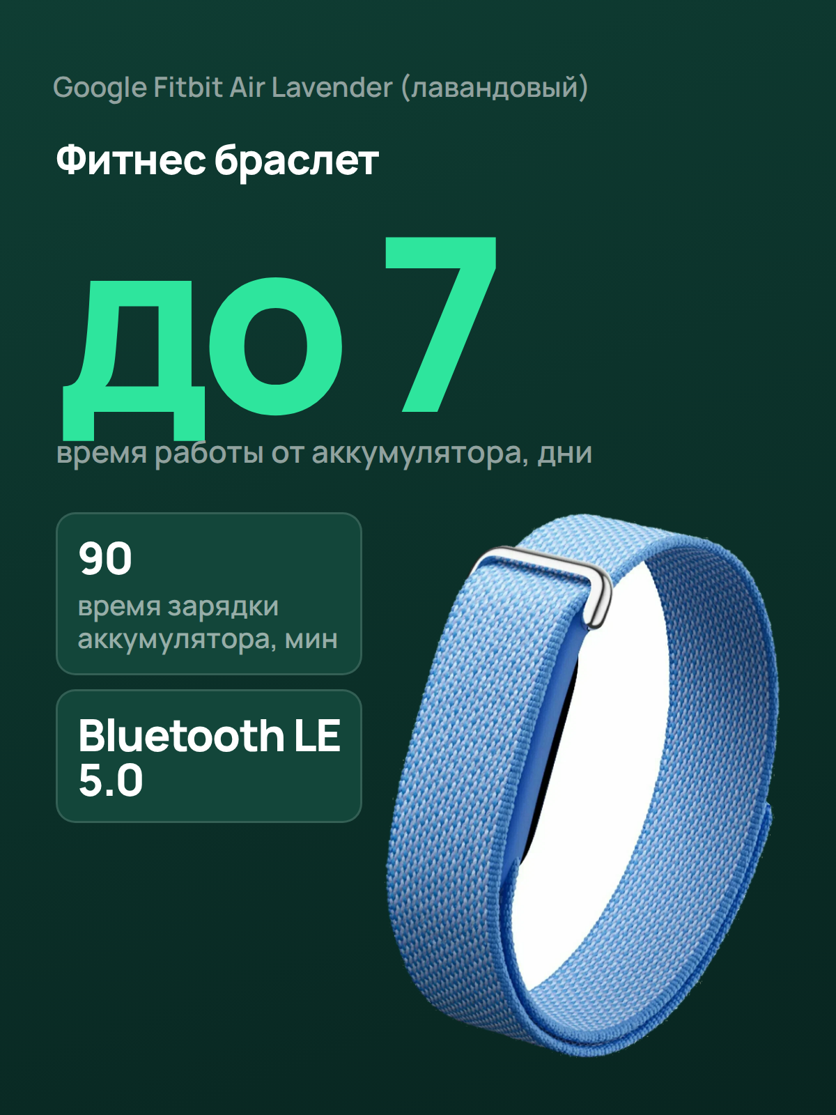 Фитнес браслет Google Fitbit Air лавандовый, без экрана, до 7 дней работы, водозащита 5 ATM