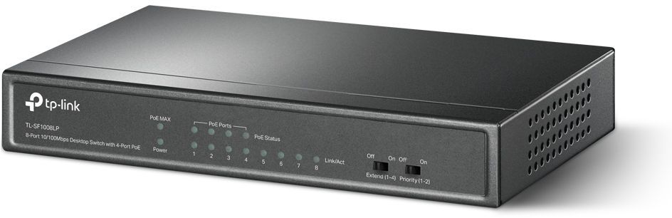 8-port 10/100 Mbps unmanaged switch with 4 PoE ports, metal case, desktop installation, PoE budget-41w.