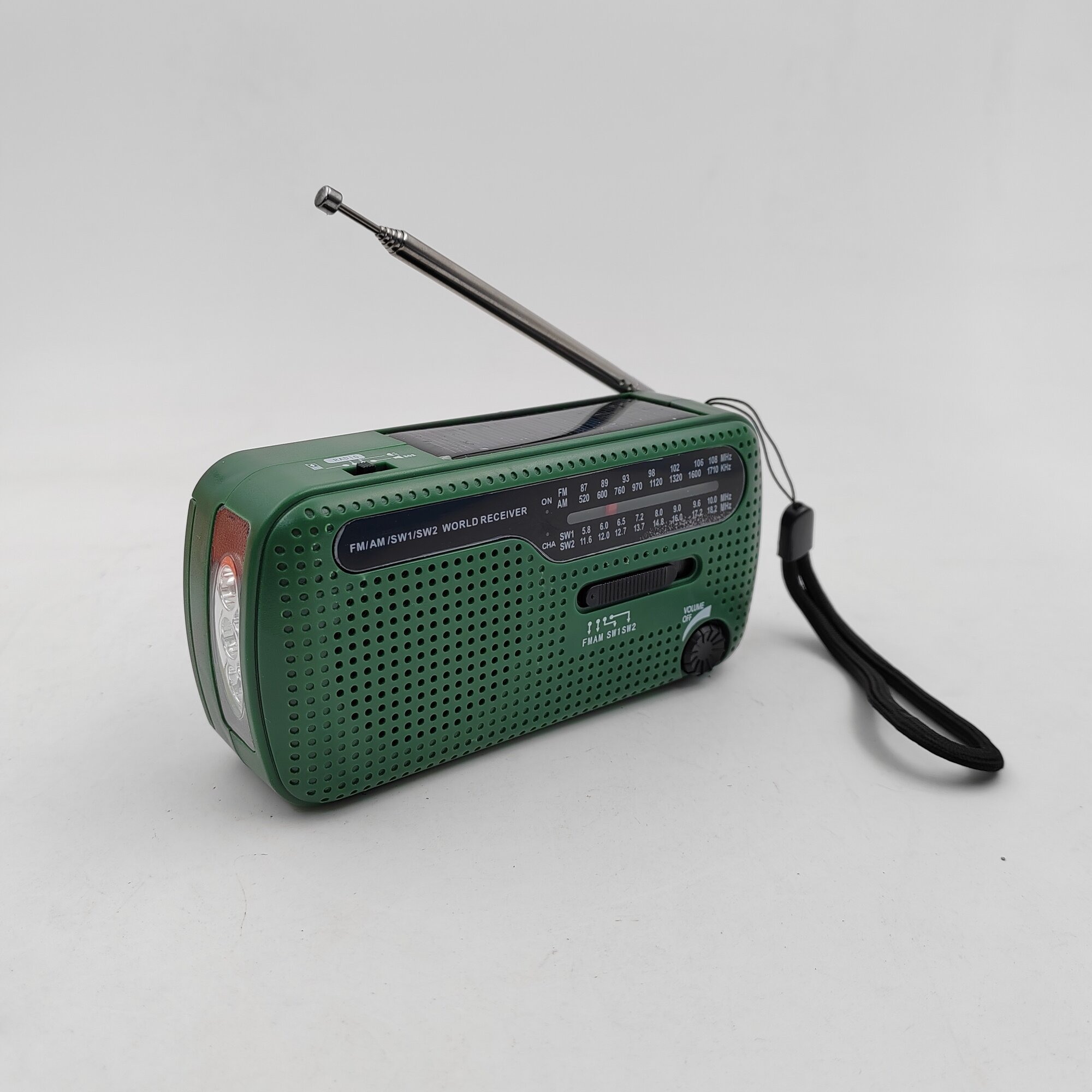 Аварийное радио с ручным генератором и солнечной панелью AM/FM/SW, фонарь, зарядка телефона, будильник, зеленый