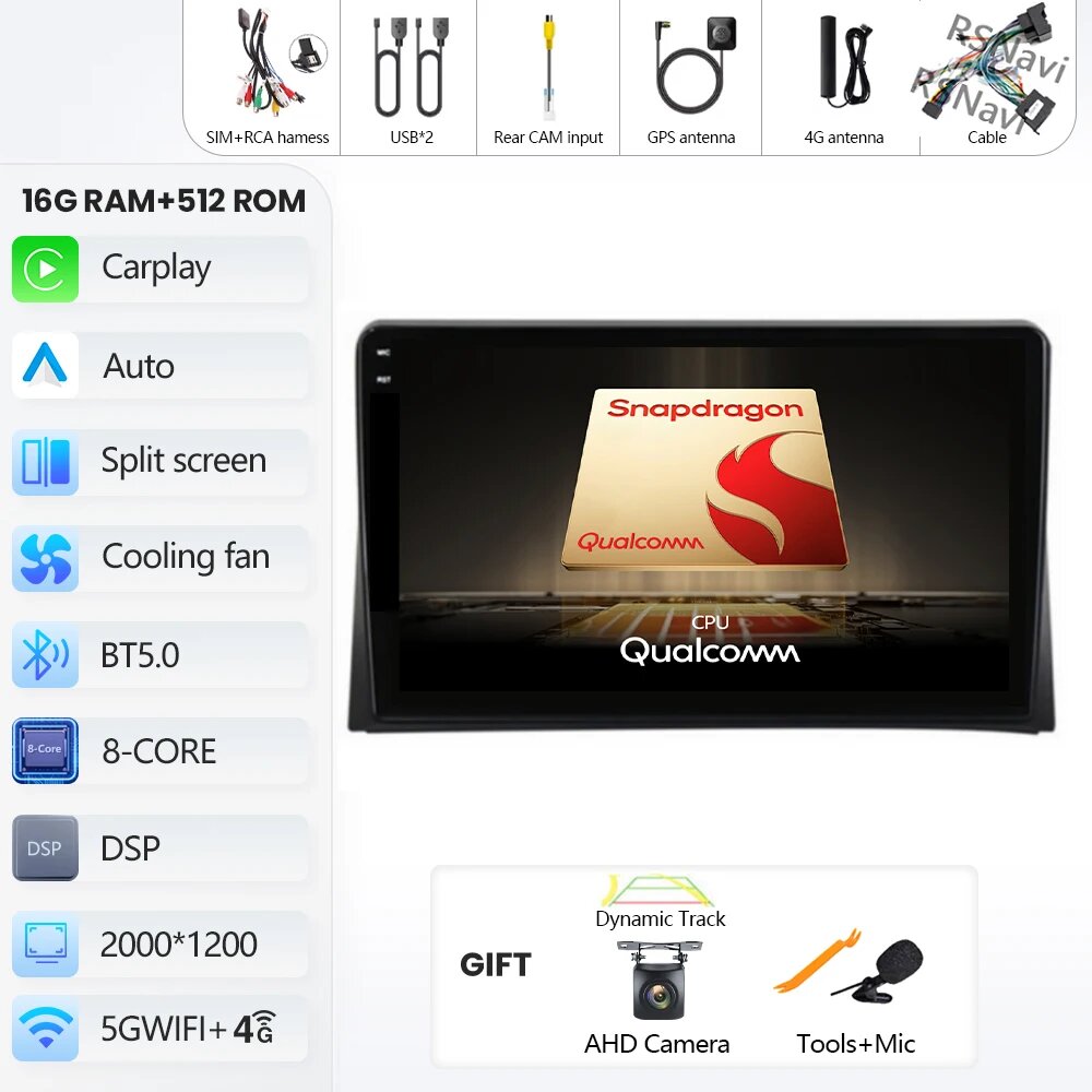 Автомагнитола Android 15 с CarPlay и Auto, 2K экран, мультимедийный плеер для 2K 16G 512G CAM