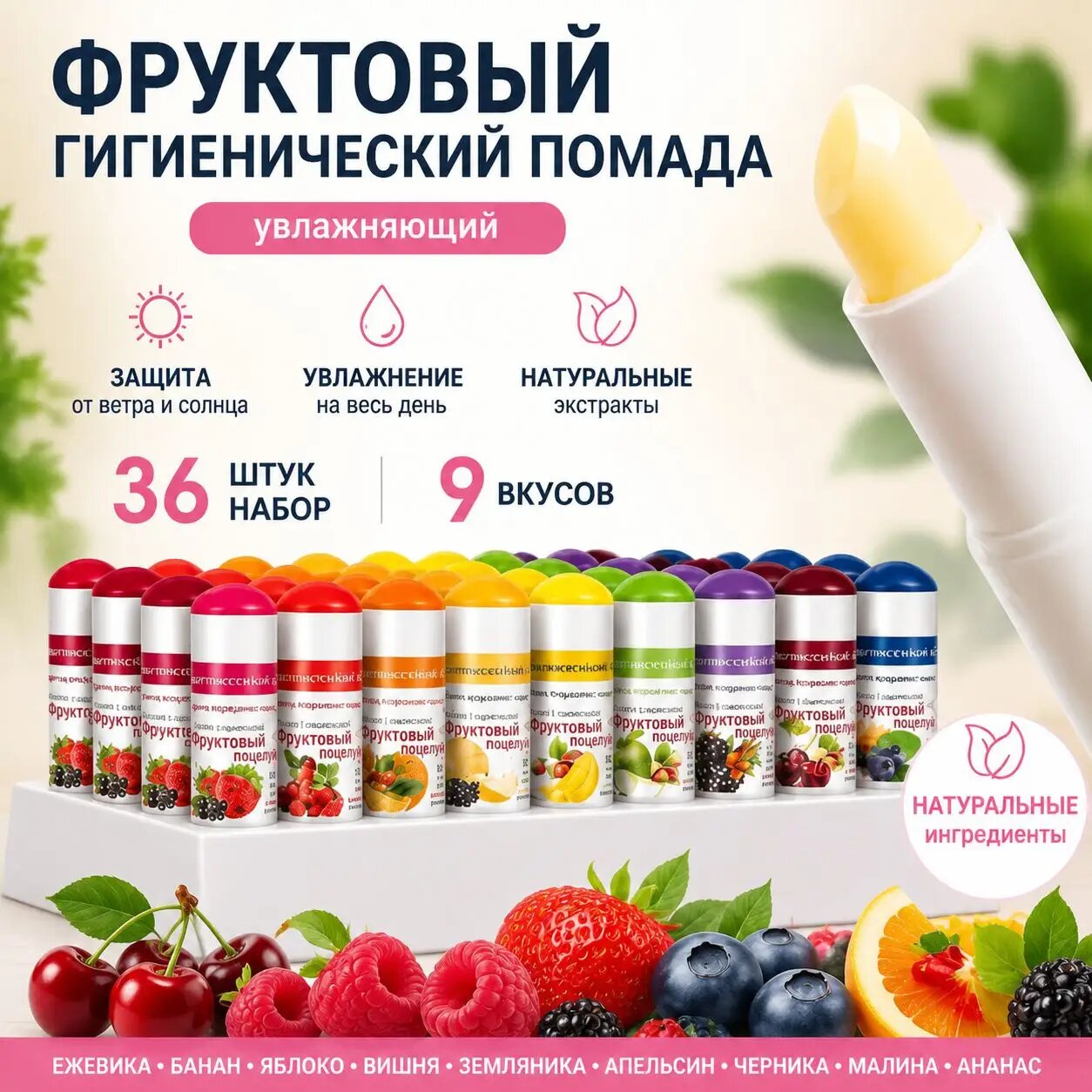 Набор MIX 36 шт, 9 сочных фруктовых вкусов, увлажняющая и защитная